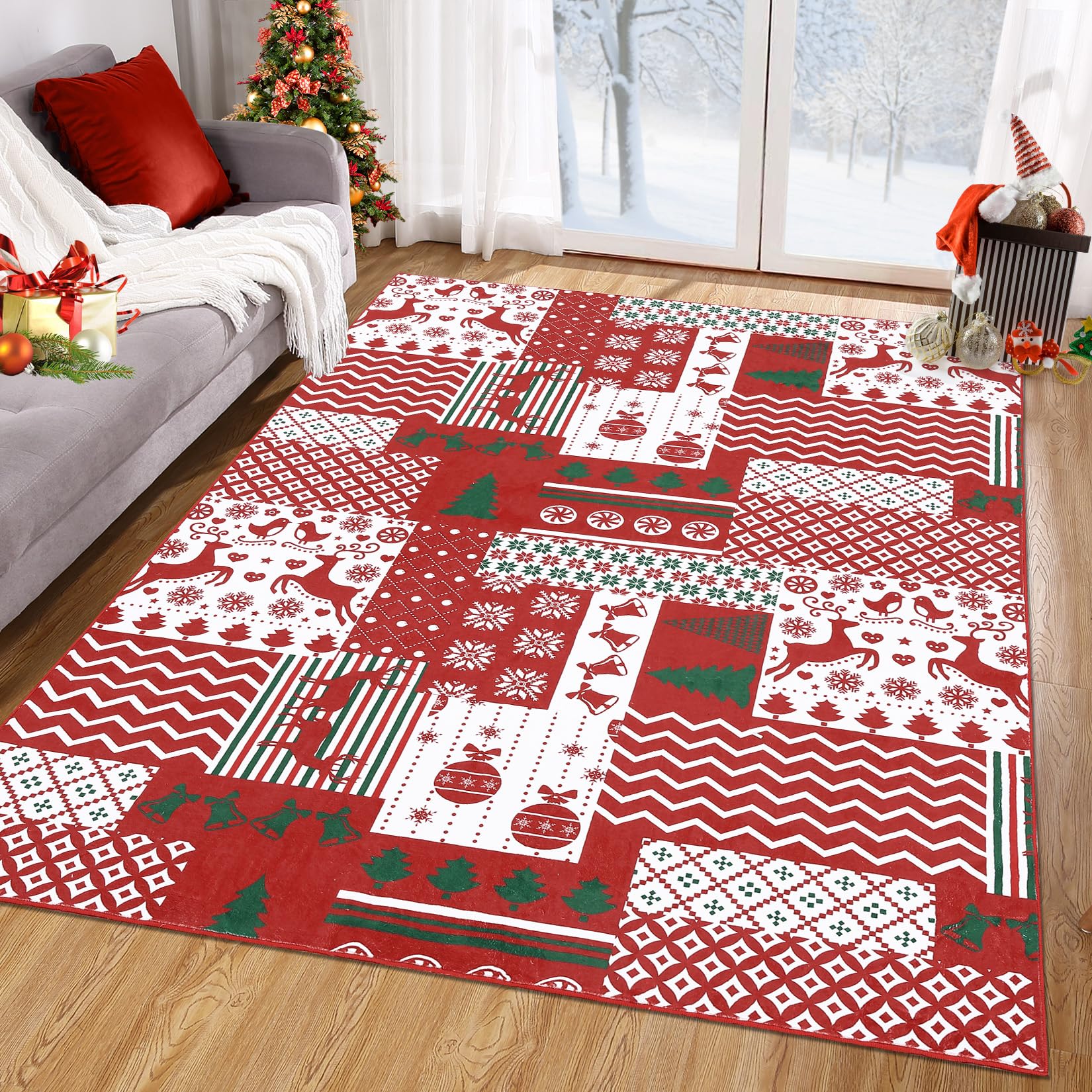 RUGSREAL Washable Christmas Area Rug Christmas Patchwork Area Rugs Carpet Holiday Decorative Carpet Rug Velvet Foldable Coffee Table Accent Rug Farmhouse Dining Table Rug Bedroom Decor, 4' x 6'
