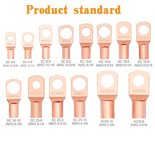 174pcs Copper Battery Cable Ends 14 Sizes Battery Wire Lugs Eyelets Tubular Ring Terminal Connectors SC Terminals for Automotive Supplies AWG2/4/6/8/10/12