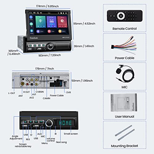 Single Din Flip Out Touch Screen Car Stereo with Apple Carplay and Android Auto, 1 Din Radio Support Bluetooth Mirror Link Remote Control USB TF Card FM Radio Microphone