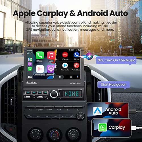 Single Din Flip Out Touch Screen Car Stereo with Apple Carplay and Android Auto, 1 Din Radio Support Bluetooth Mirror Link Remote Control USB TF Card FM Radio Microphone