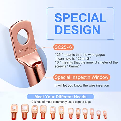 240pcs Copper Wire Lugs Battery Terminals Battery Cable Ends, AWG 2 4 6 8 10/12 Gauge Wire Connectors, 110Pcs Wire Lugs Terminal Connectors with 130Pcs Heat Shrink Tubing for Marine Electrical