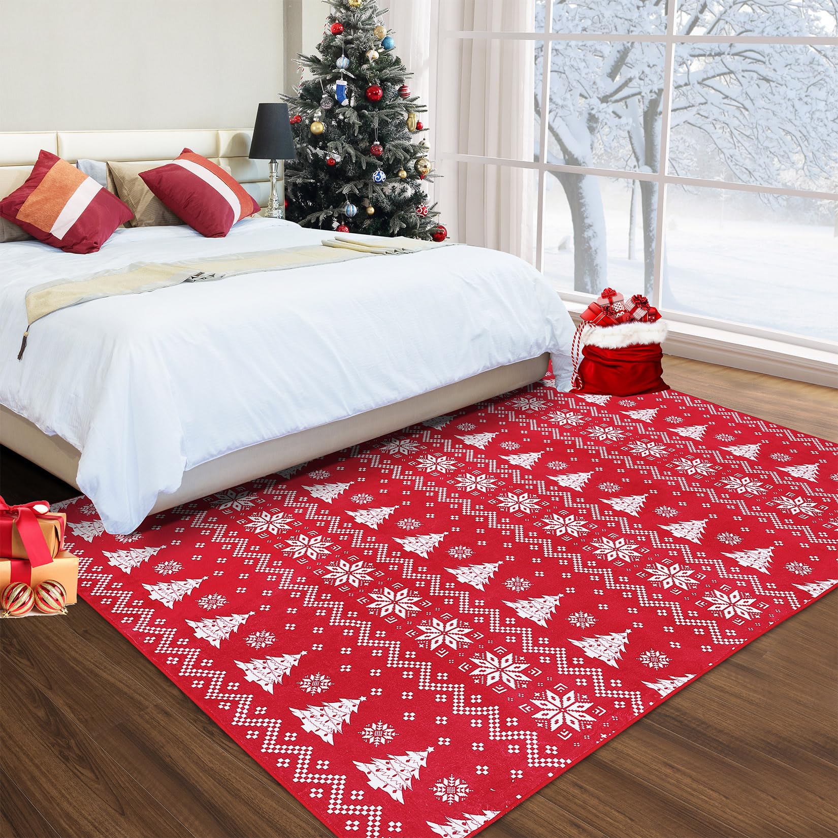 ROYHOME Washable Christmas Area Rug Snowflake and Xmas Tree Boho Area Rugs Carpet Holiday Decorative Carpet Rug Velvet Coffee Table Accent Rug Farmhouse Dining Table Rug Bedroom Decor, 4' x 6'