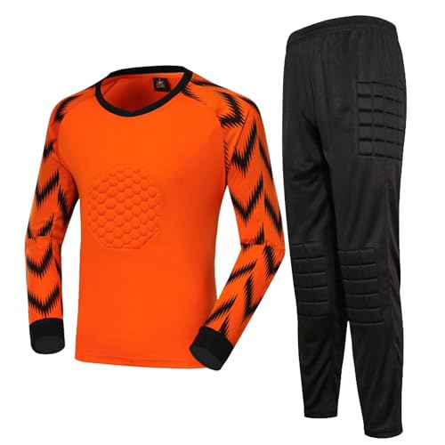 inhzoy Boys Football Goalkeeper Shirts and Pants Kit Sponge Padded Jersey Soccer Goalie Keeper Uniform Suit Orange 9-10 Years