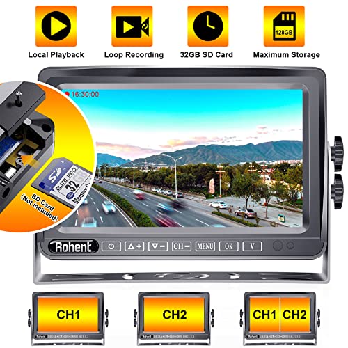 Rohent RV Backup Camera Wired HD 1080P 7 Inch Monitor DVR Recording Touch Button Split Screen Two Channels Rear View Reverse Cam System Waterproof Infrared for Car Truck Travel Trailer Camper N04