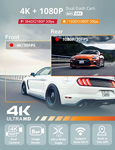 MASIGO Dash Cam Front and Rear with APP, True 4K/2.5K Full HD Dash Camera for Car, Built-in 5G WiFi GPS, Super Night Vision, HDR, 24H Parking Mode, Supercapacitor, Support 256GB Max, Free 32GB SD Card