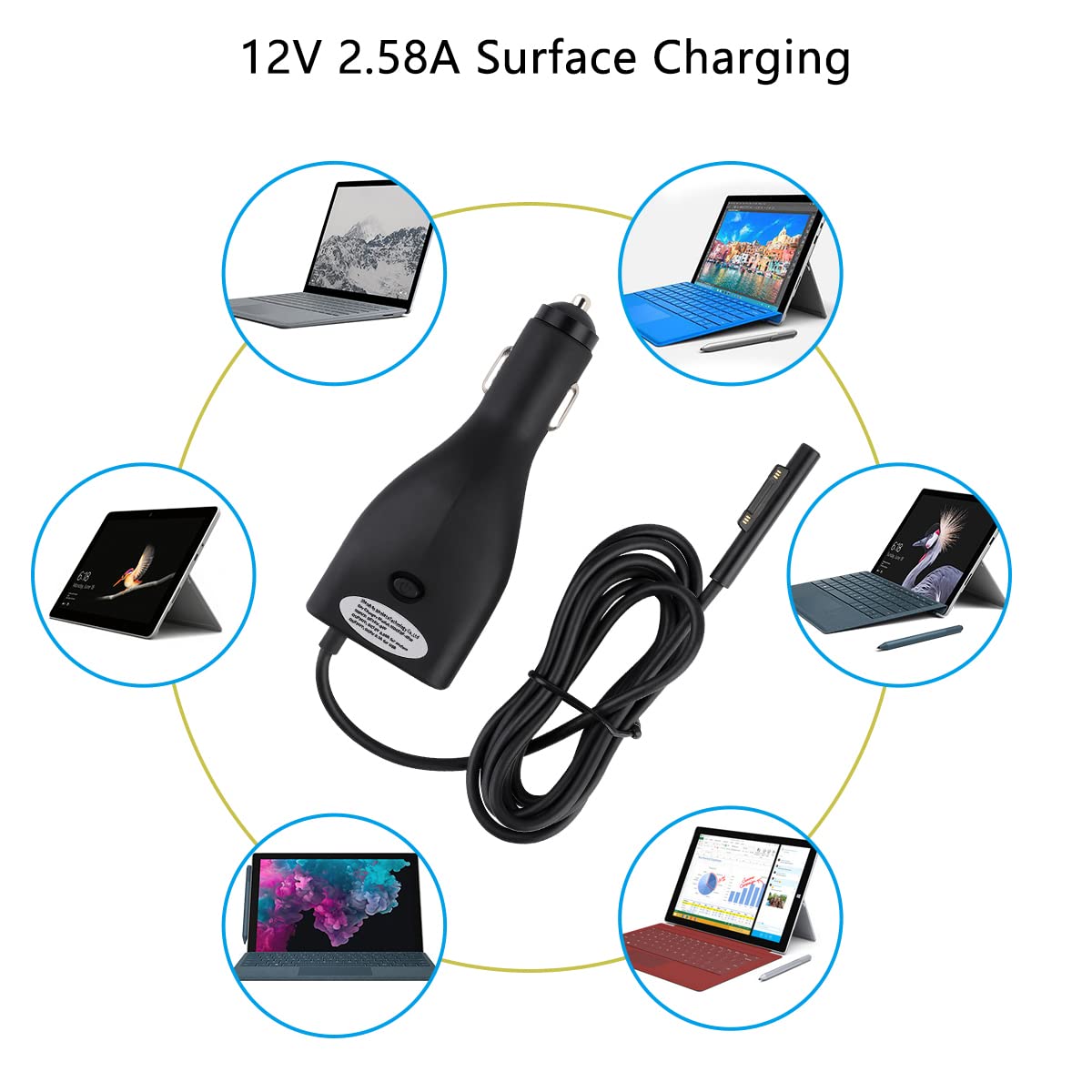 Surface Car Charger, 42W 12V 2.58A Power Supply for Microsoft Surface Pro 3/Pro 4/Pro 5/Pro 6, Surface Book, Surface Go, Surface Laptop with 5V 2.1A USB Charging Port (5Ft Cord)