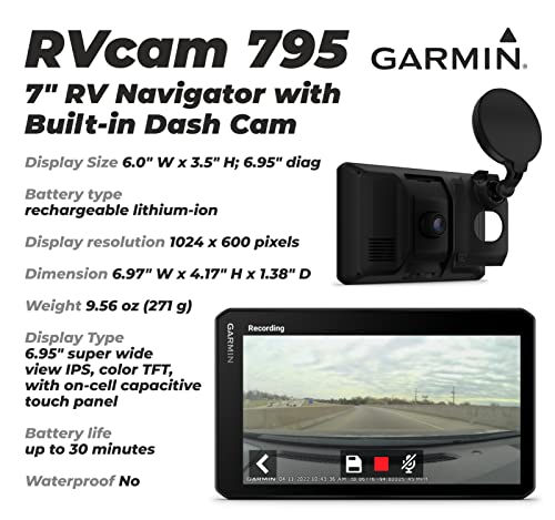 Garmin RV Cam 795, Large, Easy-to-Read 7” GPS RV Navigator, Built-in Dash Cam, Automatic Incident Detection, Custom RV Routing with Wearable4U Power Pack Bundle