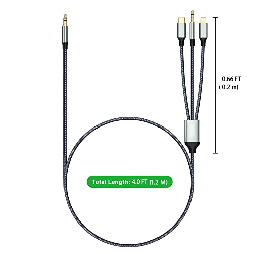 Lightning to 3.5mm Audio Cable, USB C to 3.5mm Aux Jack Cable,3.5mm Nylon Aux Cable( 3-in-1 3.5mm auxiliary jack cable)Compatible with Phone 13/12/11/XR/XS/X/8/7/6 Suitable for cars, speakers, etc