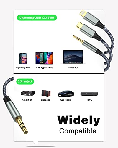 Lightning to 3.5mm Audio Cable, USB C to 3.5mm Aux Jack Cable,3.5mm Nylon Aux Cable( 3-in-1 3.5mm auxiliary jack cable)Compatible with Phone 13/12/11/XR/XS/X/8/7/6 Suitable for cars, speakers, etc