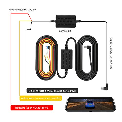 Dash Cam Hardwire Kit, Mini USB Dashcam Hardwiring Kit Converts 12V-24V to 5V/2.5A w/ Fuse Kit and Installation Tool, Low Voltage Protection (11.5ft)