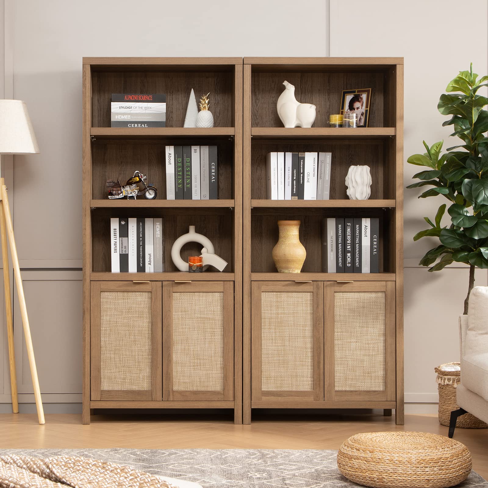 SICOTAS Bookcase 71" Tall Bookshelf 5 Tier Rattan Boho Bookcase with Doors Storage Large Book Case Shelf Farmhouse Bookshelves Library Book Shelves for Living Room Bedroom Home Office Kitchen
