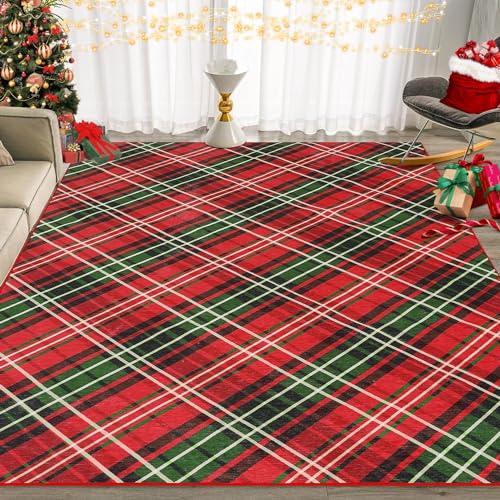 CAREMEE Plaid Merry Christmas Area Rug 6' x 4' Red Indoor Non-Slip Washable Retro Christmas Home Decor Living Room Bedroom Fireplace Children's Play Area Entryway Gift