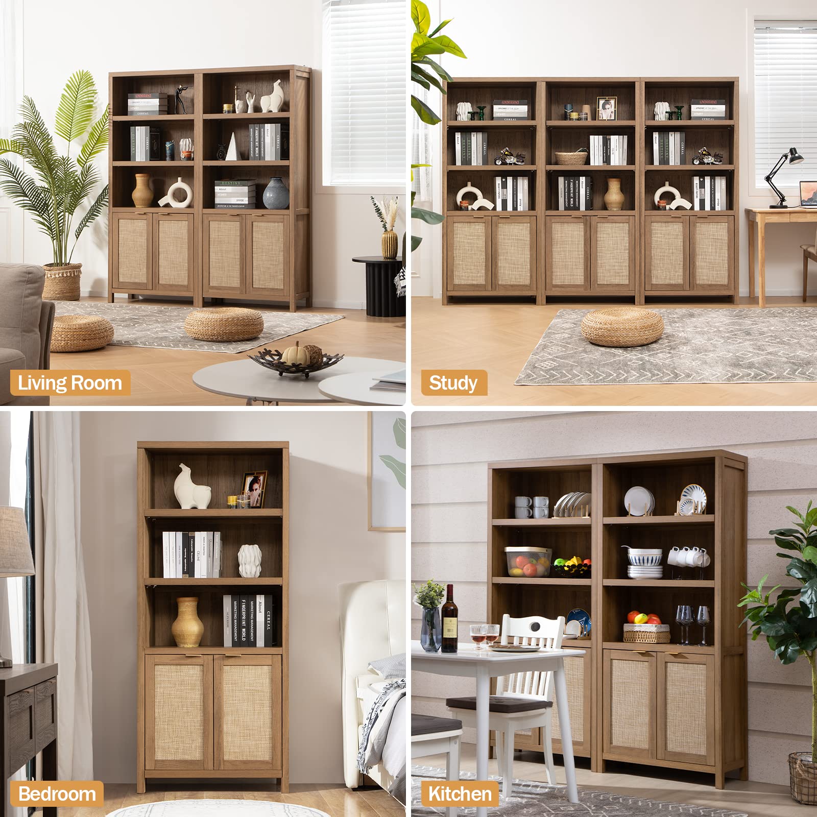 SICOTAS Bookcase 71" Tall Bookshelf 5 Tier Rattan Boho Bookcase with Doors Storage Large Book Case Shelf Farmhouse Bookshelves Library Book Shelves for Living Room Bedroom Home Office Kitchen