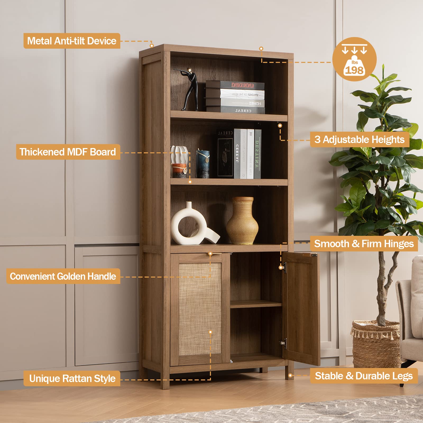 SICOTAS Bookcase 71" Tall Bookshelf 5 Tier Rattan Boho Bookcase with Doors Storage Large Book Case Shelf Farmhouse Bookshelves Library Book Shelves for Living Room Bedroom Home Office Kitchen
