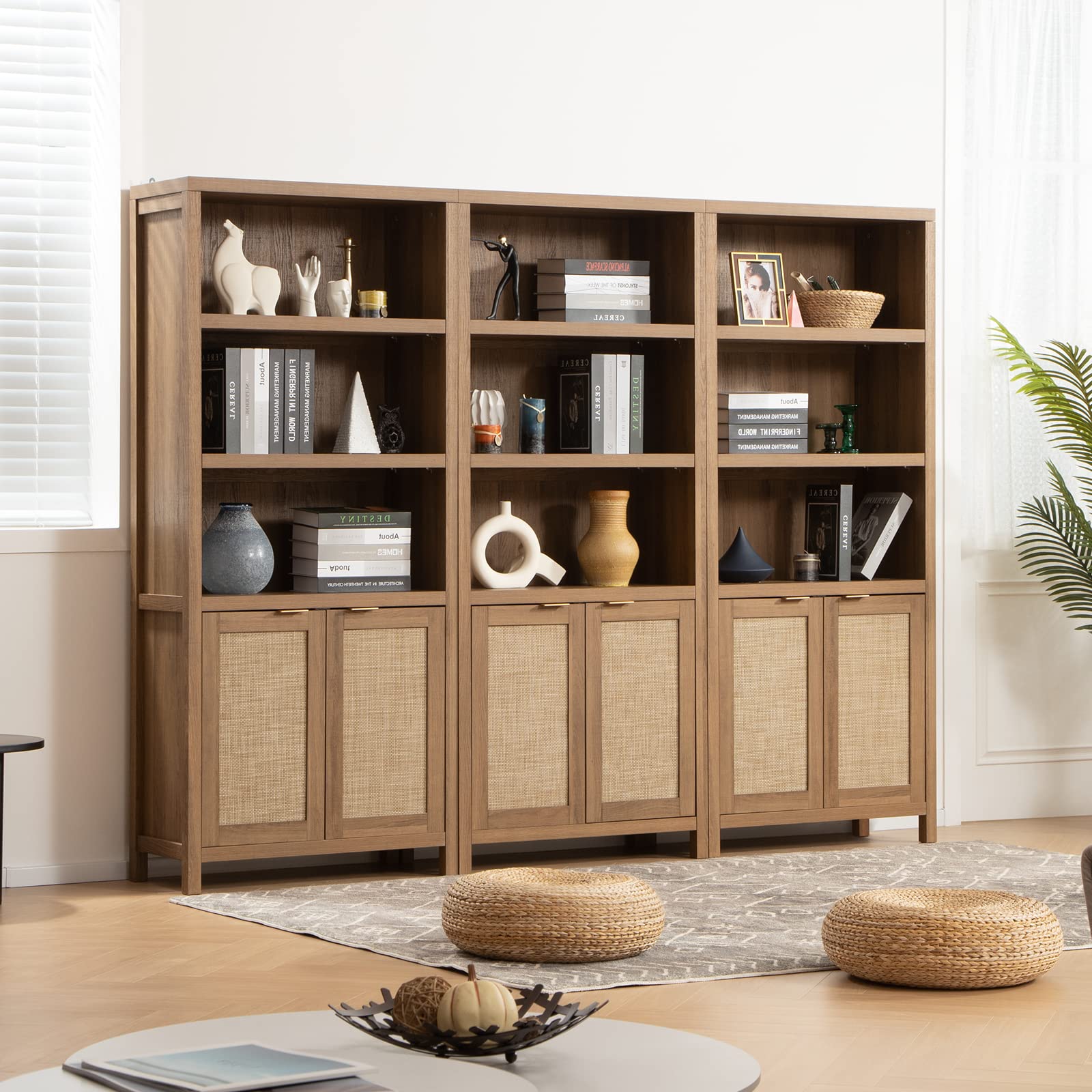 SICOTAS Bookcase 71" Tall Bookshelf 5 Tier Rattan Boho Bookcase with Doors Storage Large Book Case Shelf Farmhouse Bookshelves Library Book Shelves for Living Room Bedroom Home Office Kitchen