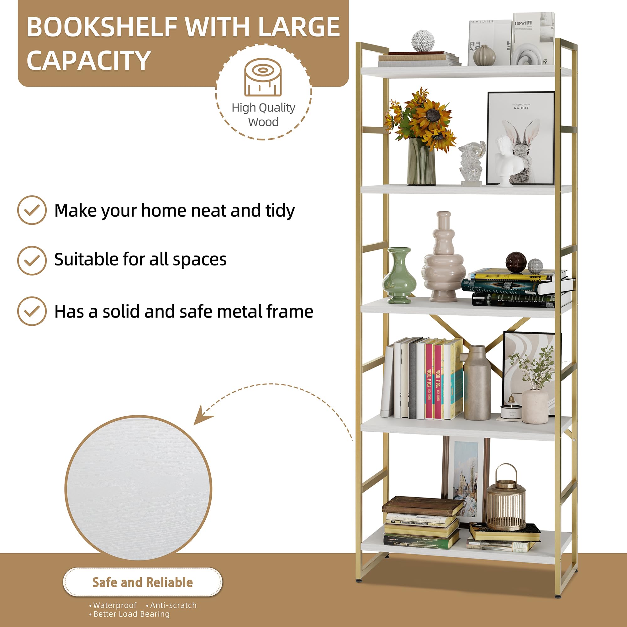 Vongrasig 5 Tier Bookshelf, Modern Tall Bookcase, Industrial Book Shelves Display Standing Shelf, Free Standing Storage Organizer for Bedroom, Living Room, White+Gold