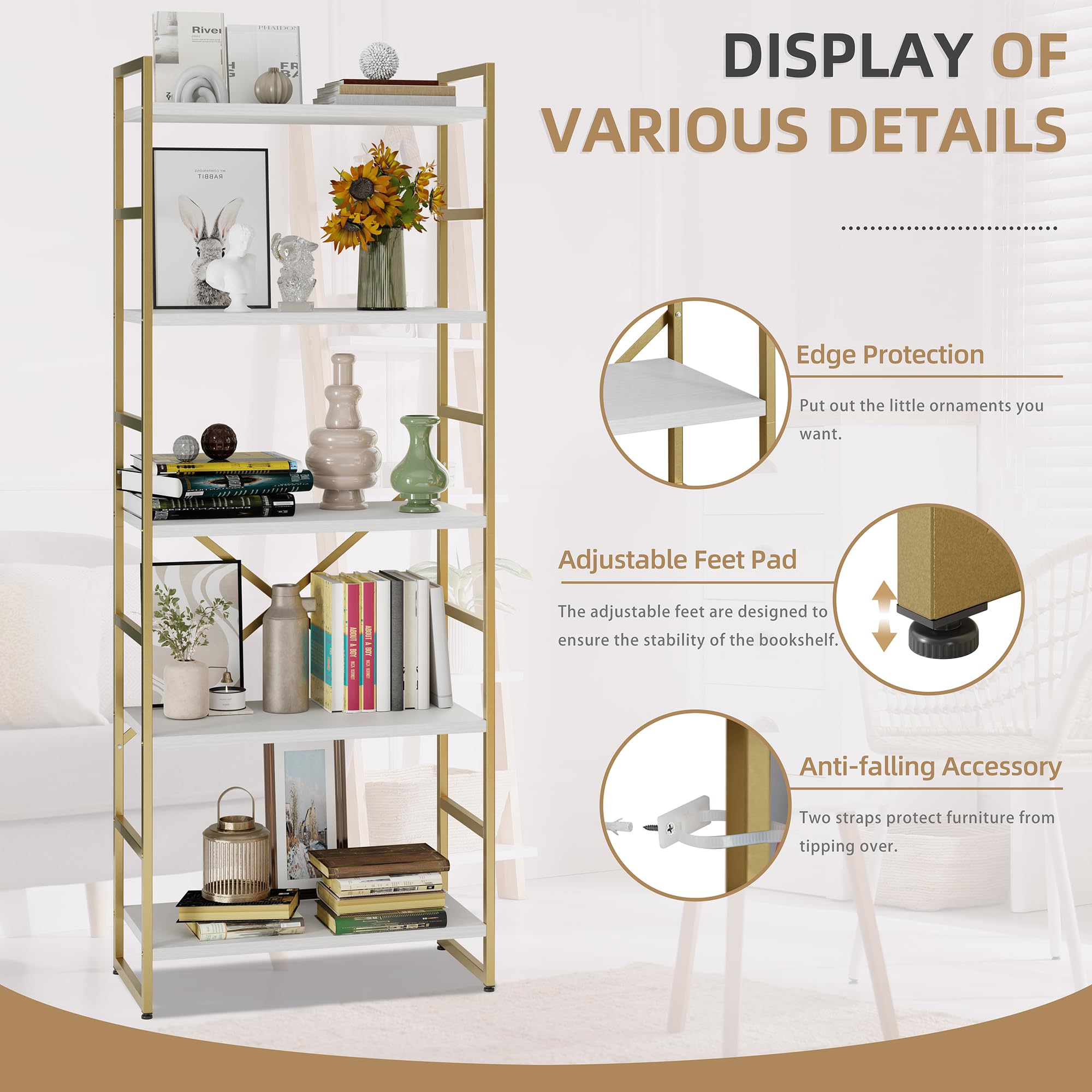 Vongrasig 5 Tier Bookshelf, Modern Tall Bookcase, Industrial Book Shelves Display Standing Shelf, Free Standing Storage Organizer for Bedroom, Living Room, White+Gold