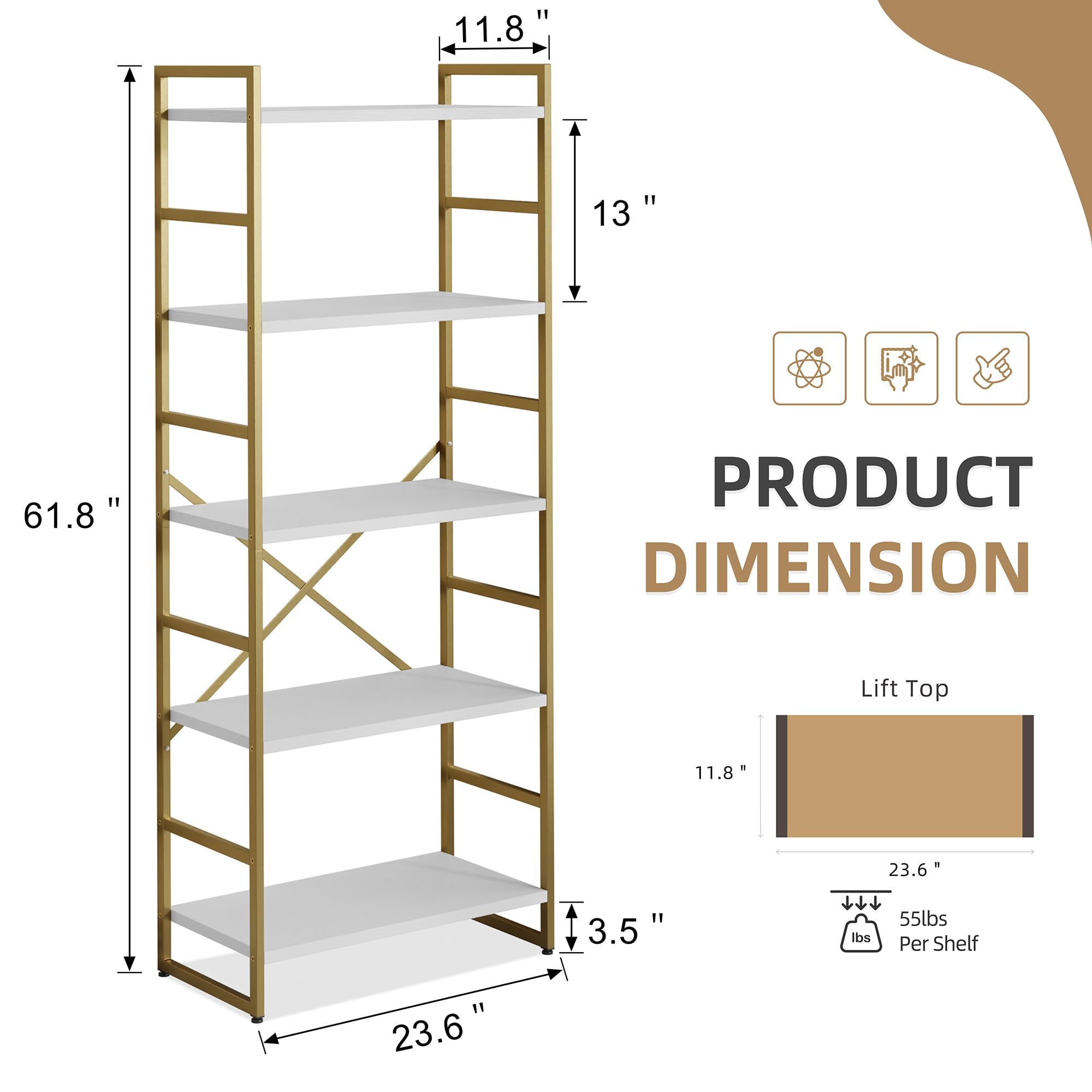 Vongrasig 5 Tier Bookshelf, Modern Tall Bookcase, Industrial Book Shelves Display Standing Shelf, Free Standing Storage Organizer for Bedroom, Living Room, White+Gold