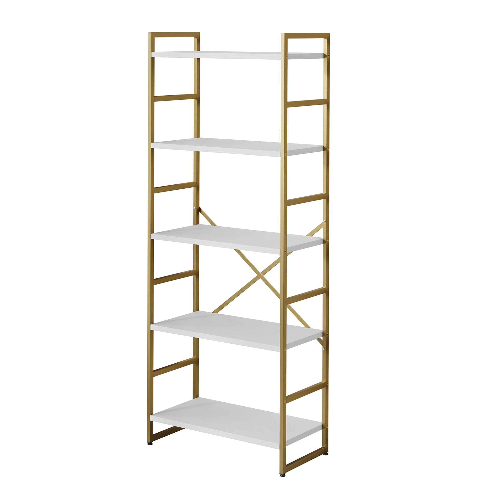 Vongrasig 5 Tier Bookshelf, Modern Tall Bookcase, Industrial Book Shelves Display Standing Shelf, Free Standing Storage Organizer for Bedroom, Living Room, White+Gold