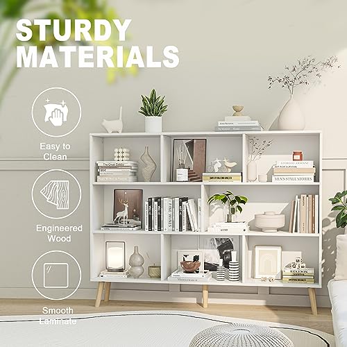 VICLLAX Wood 3 Tier Storage Shelf, 8 Cubes Free Standing Bookshelf with Legs, Display Bookcase for Living Room, Bedroom, Kids Room, Office, White