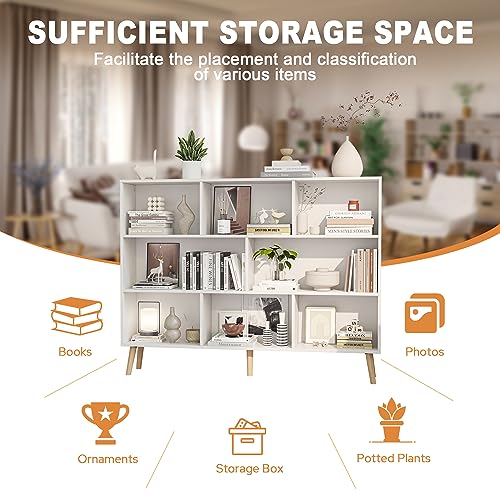 VICLLAX Wood 3 Tier Storage Shelf, 8 Cubes Free Standing Bookshelf with Legs, Display Bookcase for Living Room, Bedroom, Kids Room, Office, White