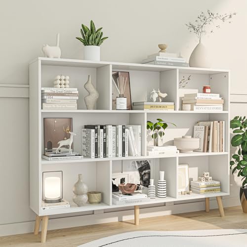 VICLLAX Wood 3 Tier Storage Shelf, 8 Cubes Free Standing Bookshelf with Legs, Display Bookcase for Living Room, Bedroom, Kids Room, Office, White
