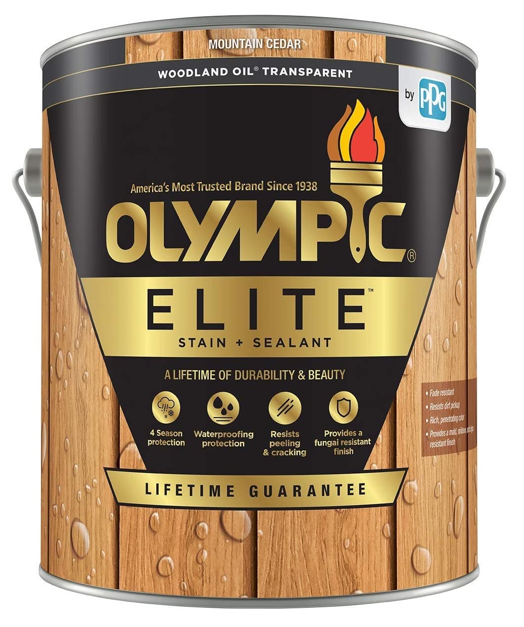 Olympic Stain Elite Wood Stain Woodland Oil Transparent Stain and Sealant in One Low VOC, Mountain Cedar, 1 Gallon (434267)