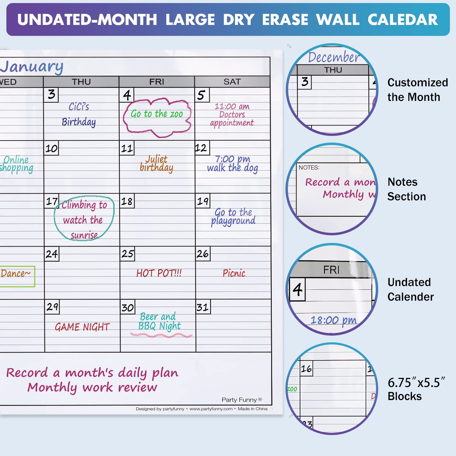 Dry Erase Monthly Extra Large White board Calendar for Wall, 38" by 50", Jumbo Laminated Erasable One Month Whiteboard Calendar, Huge Oversized Blank 30-Day Poster with Lines and Squares
