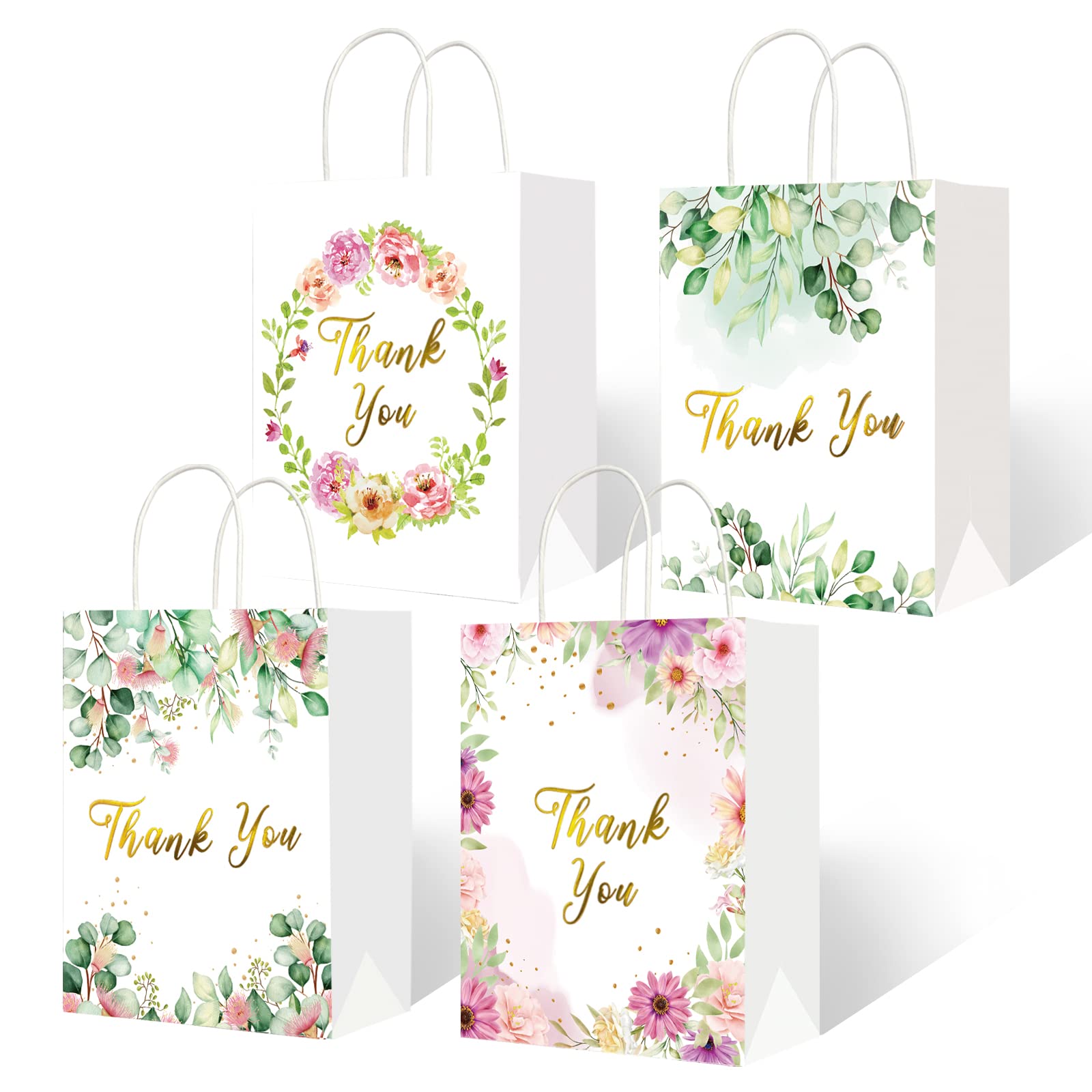 OurWarm 24 Pack Thank You Gift Bags Medium Size with Gold Foil, Floral Design White Paper Bags with Handles Bulk, Thank You Bags for Wedding Bridal Party Baby Shower Birthday Gift Bags, 8 X 4 X 10 IN
