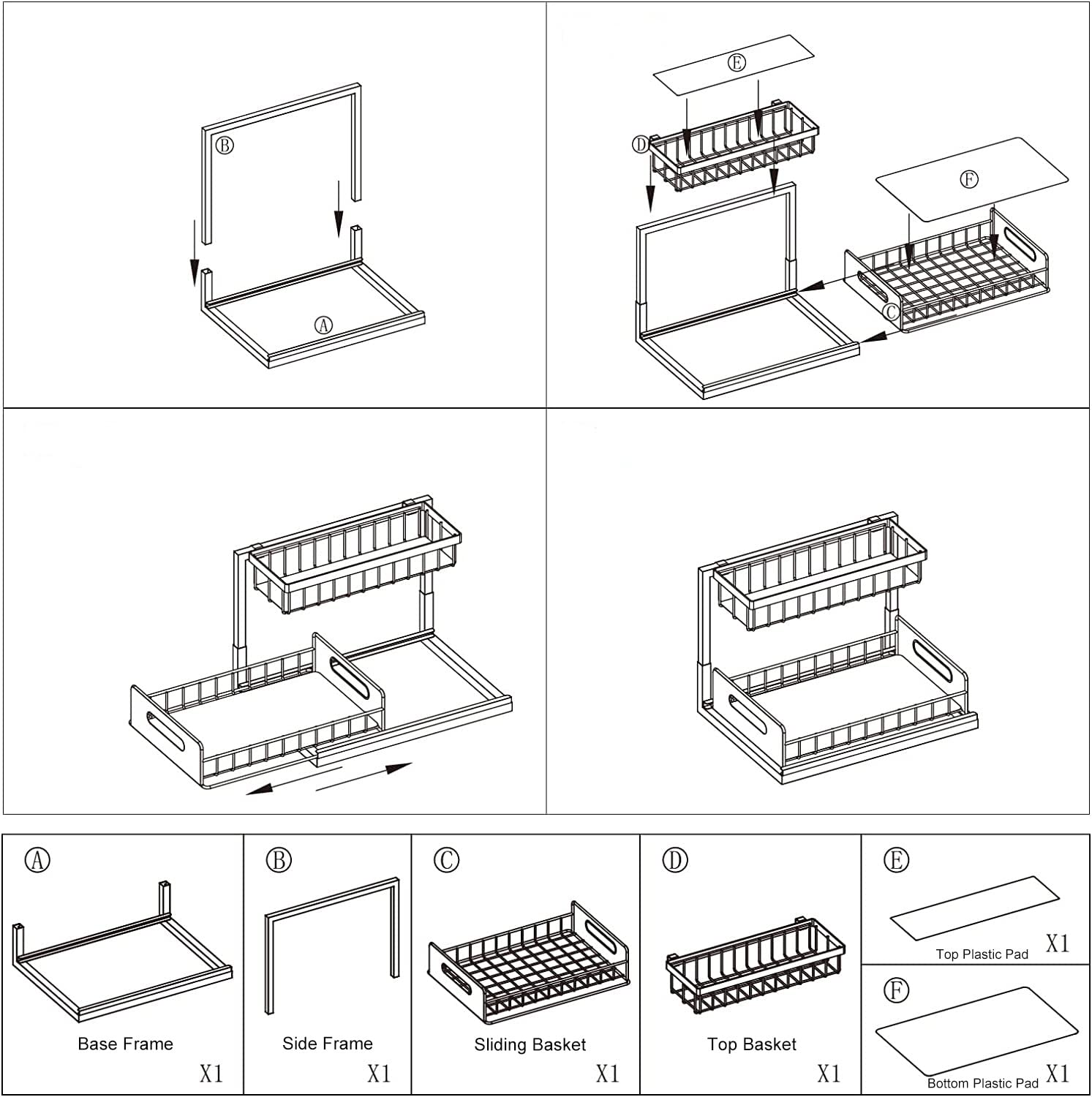 Mlesi Under Sink Organizers and Storage, 2 Tier Sliding Cabinet Basket Organizer with Non-Slip Pads, Multi-Purpose Under Sink Organizer for Bathroom Kitchen, Carbon Steel/Black