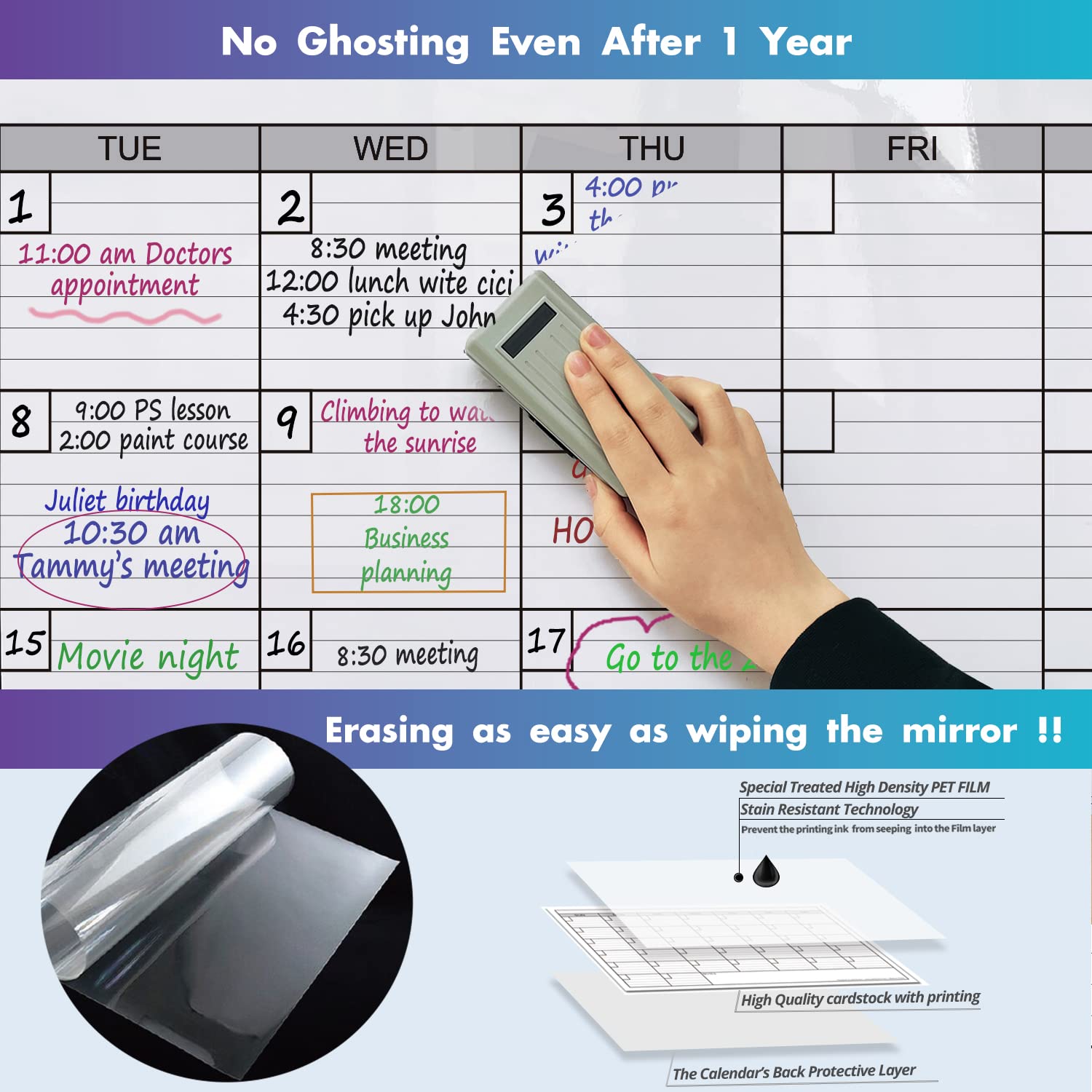 Dry Erase Monthly Extra Large White board Calendar for Wall, 38" by 50", Jumbo Laminated Erasable One Month Whiteboard Calendar, Huge Oversized Blank 30-Day Poster with Lines and Squares