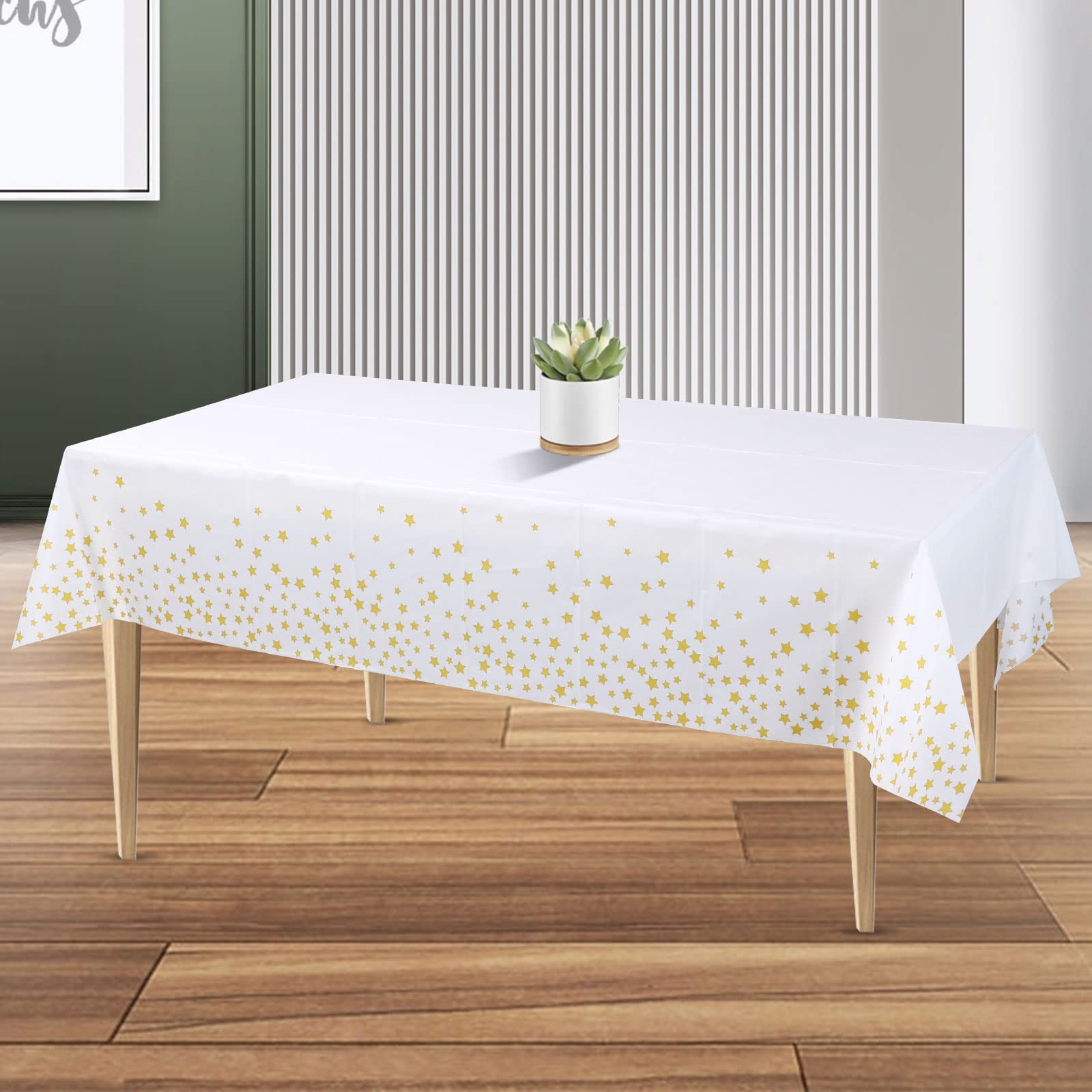 LCPCX 3-Piece Disposable Plastic Rectangle Tablecloth,Fitted Table Clothes for 6 Foot and 8 Foot Tables,Gold Star Pattern Party Decorations,54x108 Inch,White (Golden Star)