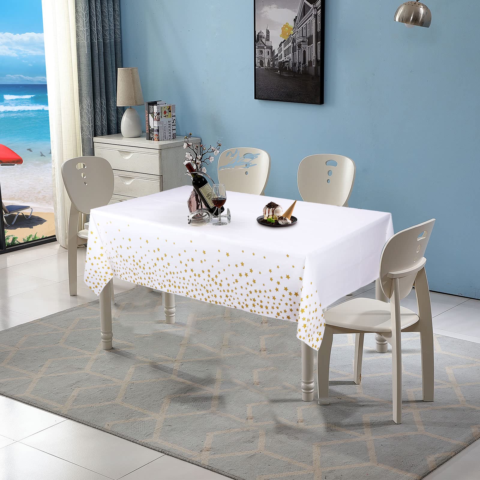 LCPCX 3-Piece Disposable Plastic Rectangle Tablecloth,Fitted Table Clothes for 6 Foot and 8 Foot Tables,Gold Star Pattern Party Decorations,54x108 Inch,White (Golden Star)