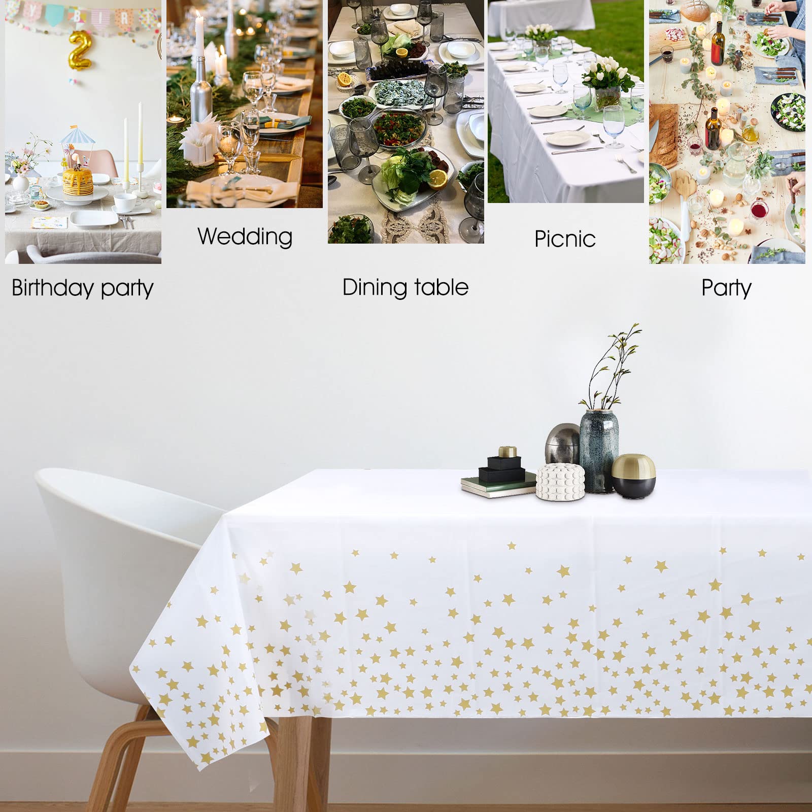 LCPCX 3-Piece Disposable Plastic Rectangle Tablecloth,Fitted Table Clothes for 6 Foot and 8 Foot Tables,Gold Star Pattern Party Decorations,54x108 Inch,White (Golden Star)
