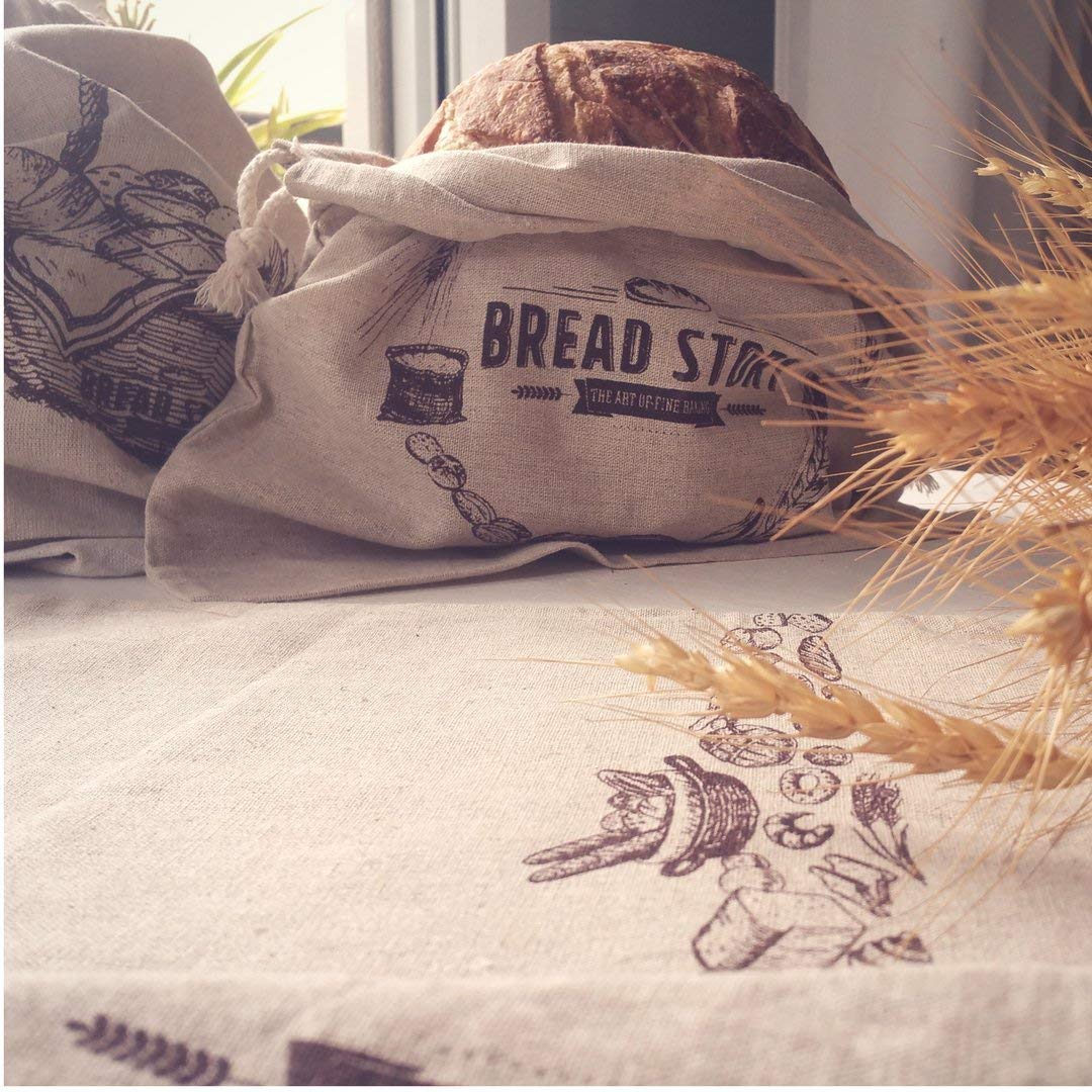 Natural Linen Bread Bags - 2-Pack Large 11 x15 in (30 cm x 40 cm) Ideal for Homemade Bread, Reusable Food Storage, Housewarming, Wedding Gift, Storage for Artisan Bread - Bakery & Baguette Bag