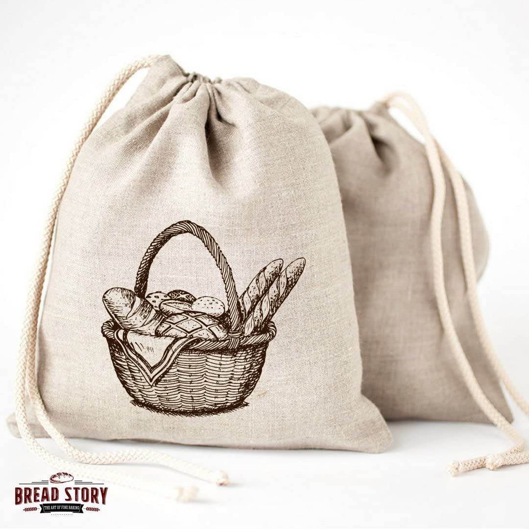 Natural Linen Bread Bags - 2-Pack Large 11 x15 in (30 cm x 40 cm) Ideal for Homemade Bread, Reusable Food Storage, Housewarming, Wedding Gift, Storage for Artisan Bread - Bakery & Baguette Bag