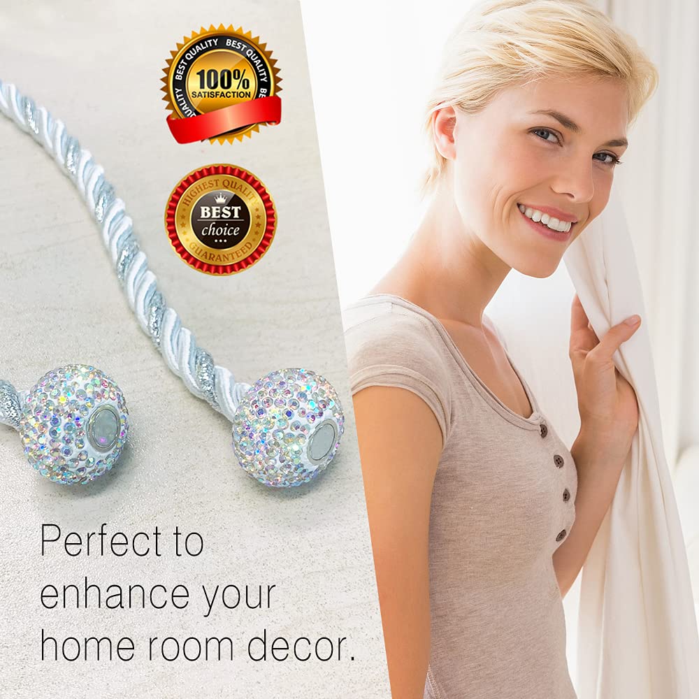 Bling Magnetic Curtain Tiebacks, Decorative Curtain Holdbacks, Crystal Tie Backs for Curtains, Curtain Holders for Window Draperies - 16 inch, Grace, Simplicity & Elegance (Silver, 2)