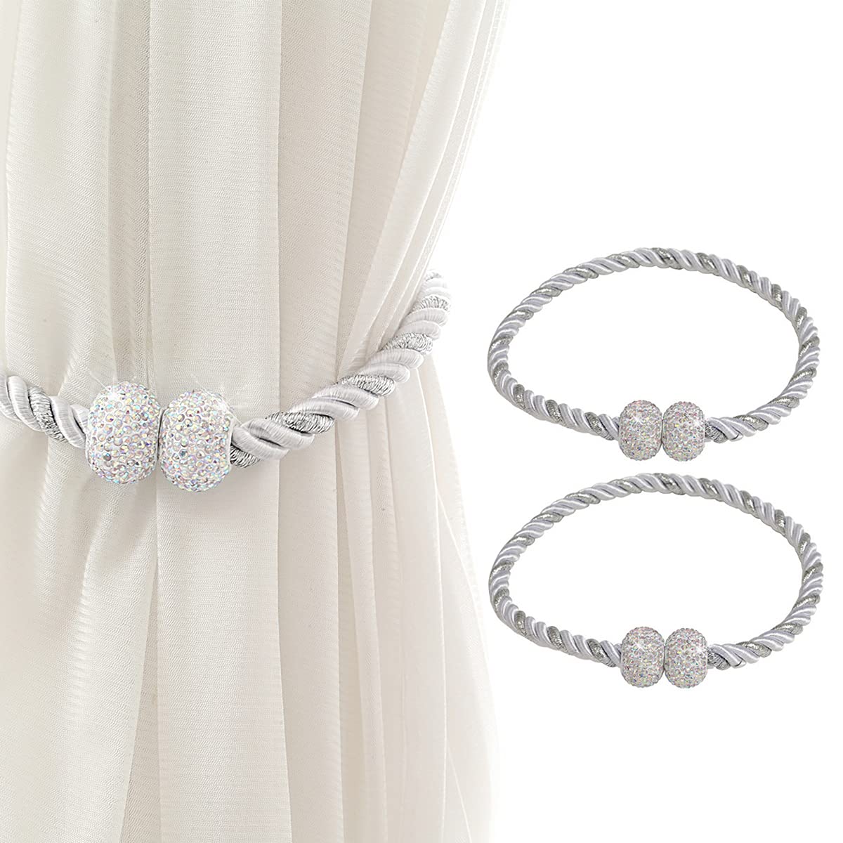Bling Magnetic Curtain Tiebacks, Decorative Curtain Holdbacks, Crystal Tie Backs for Curtains, Curtain Holders for Window Draperies - 16 inch, Grace, Simplicity & Elegance (Silver, 2)