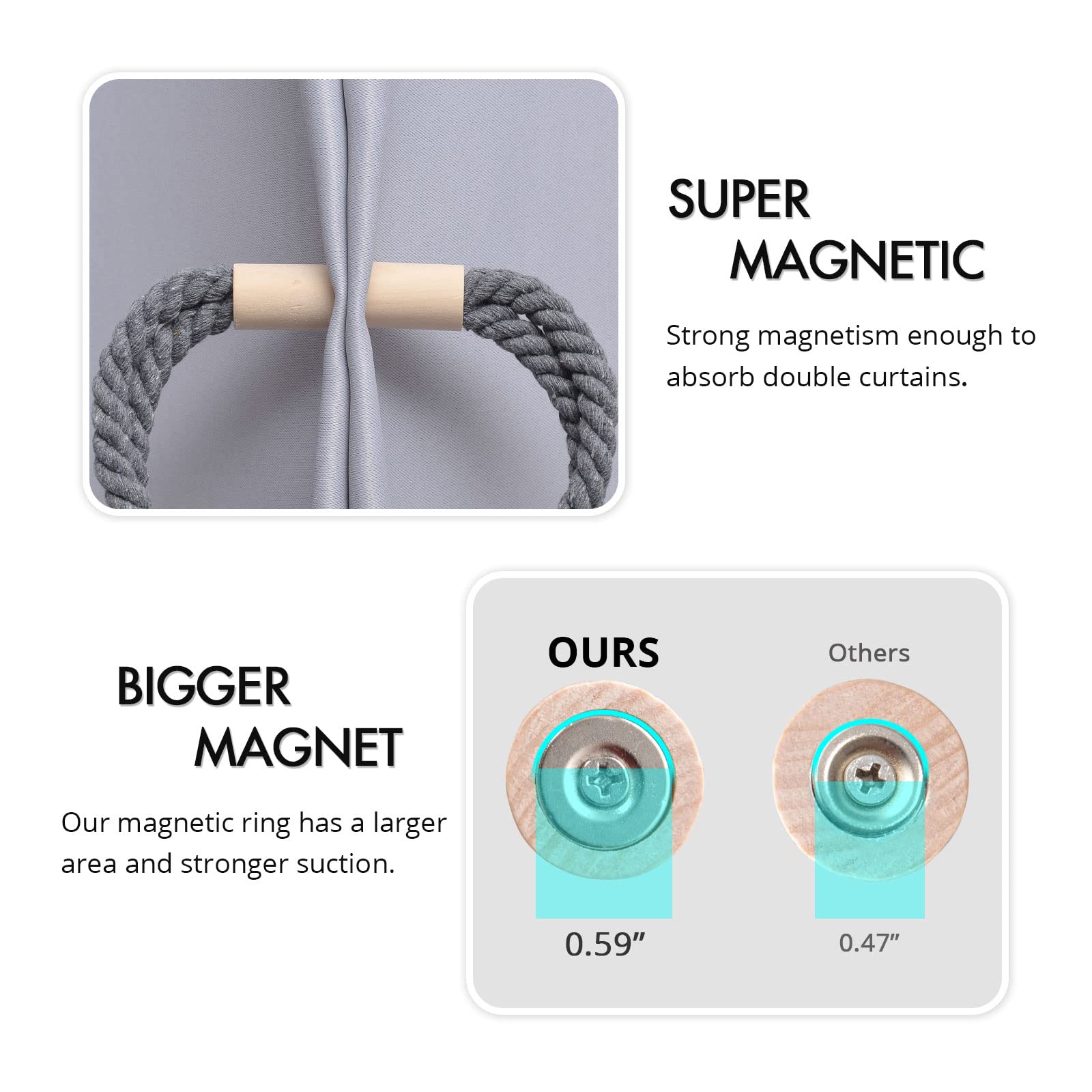 NICEEC 2 Pack Wooden Magnetic Curtain Tiebacks Boho Home Decoration Drape Tie Backs Natural Cotton Handmade Rope Curtain Holdbacks for Thin or Thick Home & Office Window Drapery (Grey)