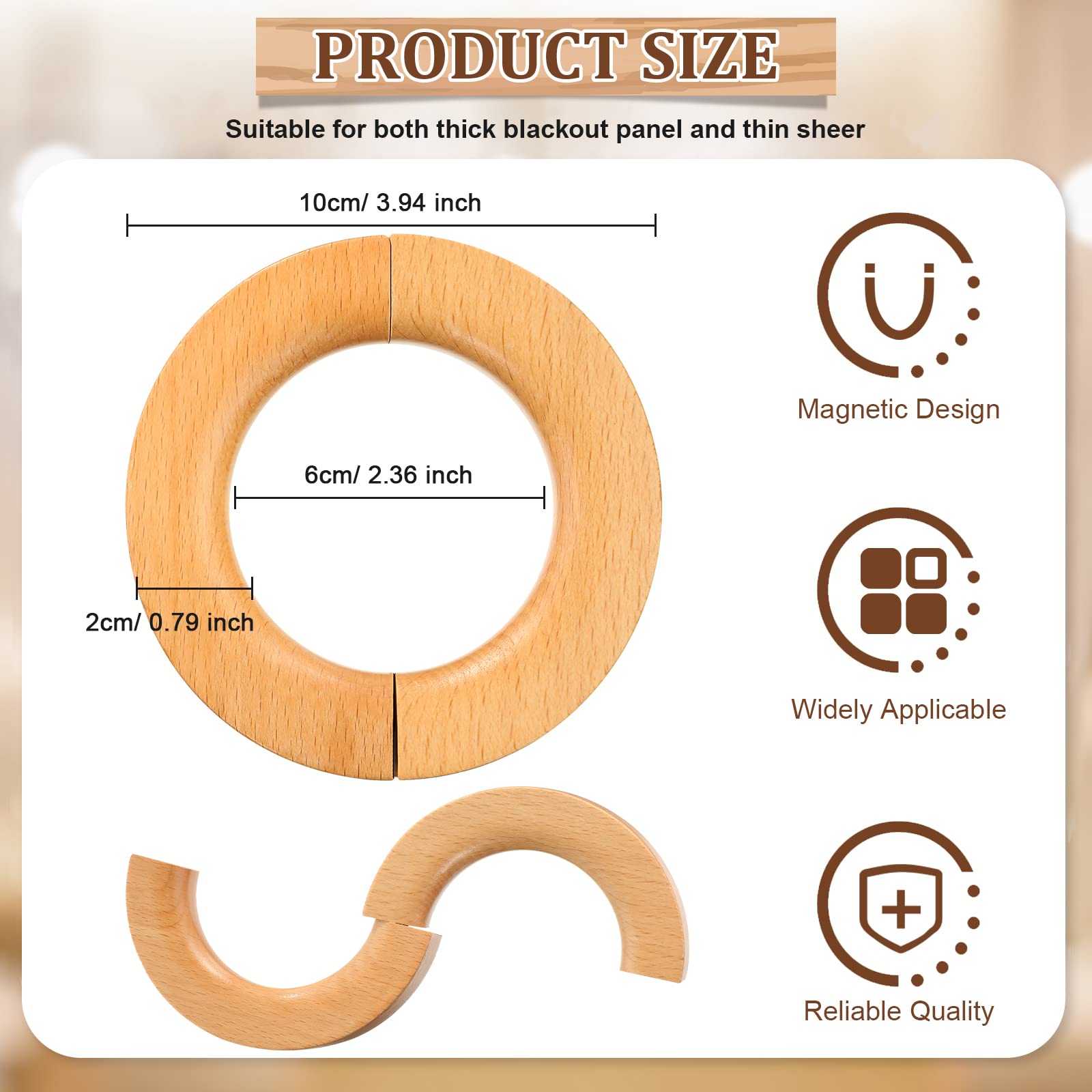 4 Pcs Magnetic Wooden Curtain Tiebacks Holdbacks Modern Decorative Drapes Holders Wooden Curtain Clips Round Boho Tie Backs for Curtains Buckles for Home Room Window Decoration, 2.36 Inch, Burlywood