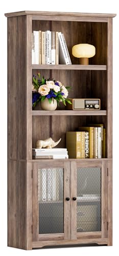 Naice Bookshelf 70" Tall Bookcase, 5 Shelf Book Shelf with Glass Doors Adjustable Display Storage Shelves Wood Large Bookshelf Furniture for Bedroom Home Office Living Room