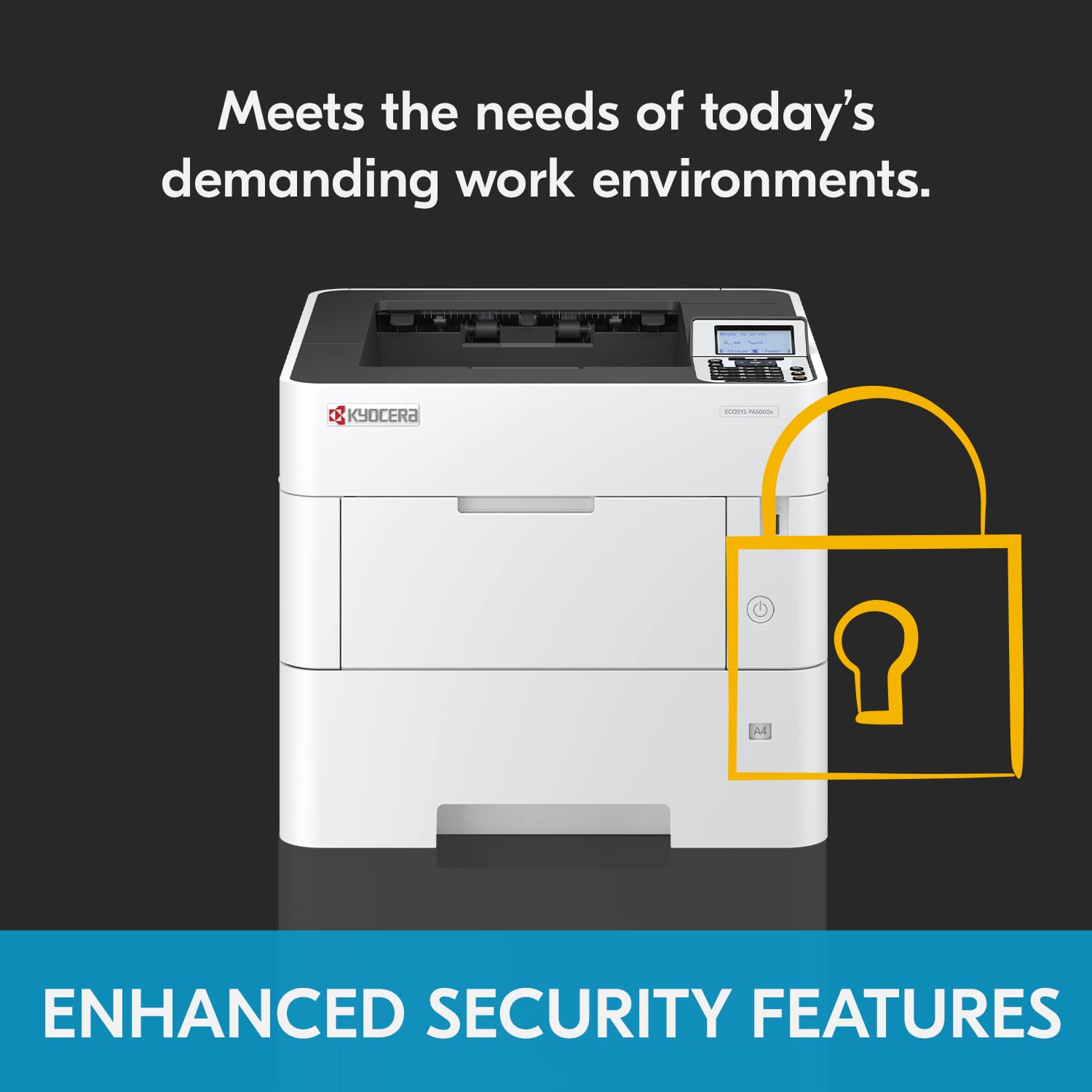 Kyocera ECOSYS PA6000x Monochrome Laser Printer, 62 ppm, 600 x 600 dpi and Up to Fine 1200 dpi, 600 Sheet Tray, 100 Sheet MPT, Duplex, 5 Line LCD w/Hard Key Panel, Gigabit Ethernet, USB, 512 MB