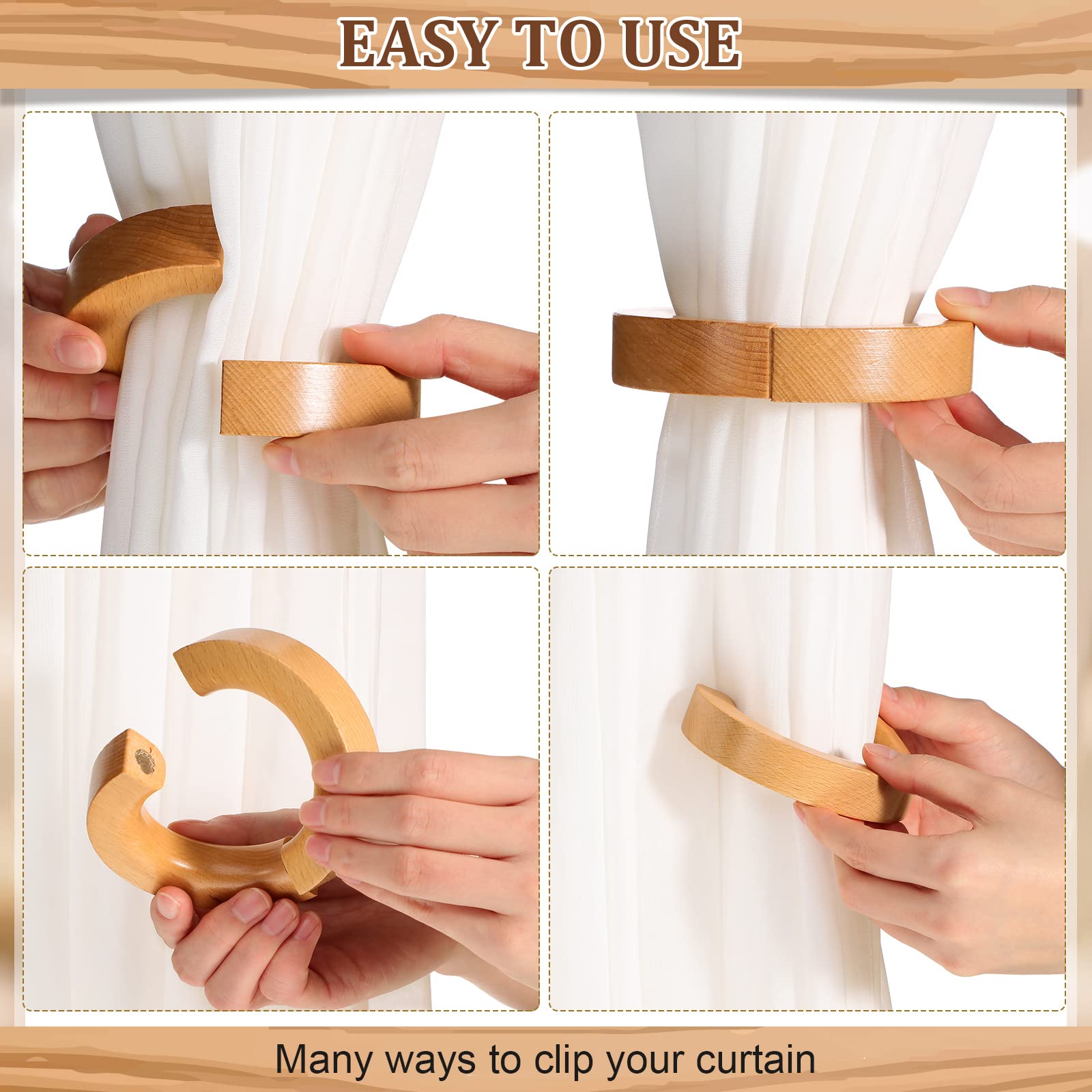 4 Pcs Magnetic Wooden Curtain Tiebacks Holdbacks Modern Decorative Drapes Holders Wooden Curtain Clips Round Boho Tie Backs for Curtains Buckles for Home Room Window Decoration, 2.36 Inch, Burlywood