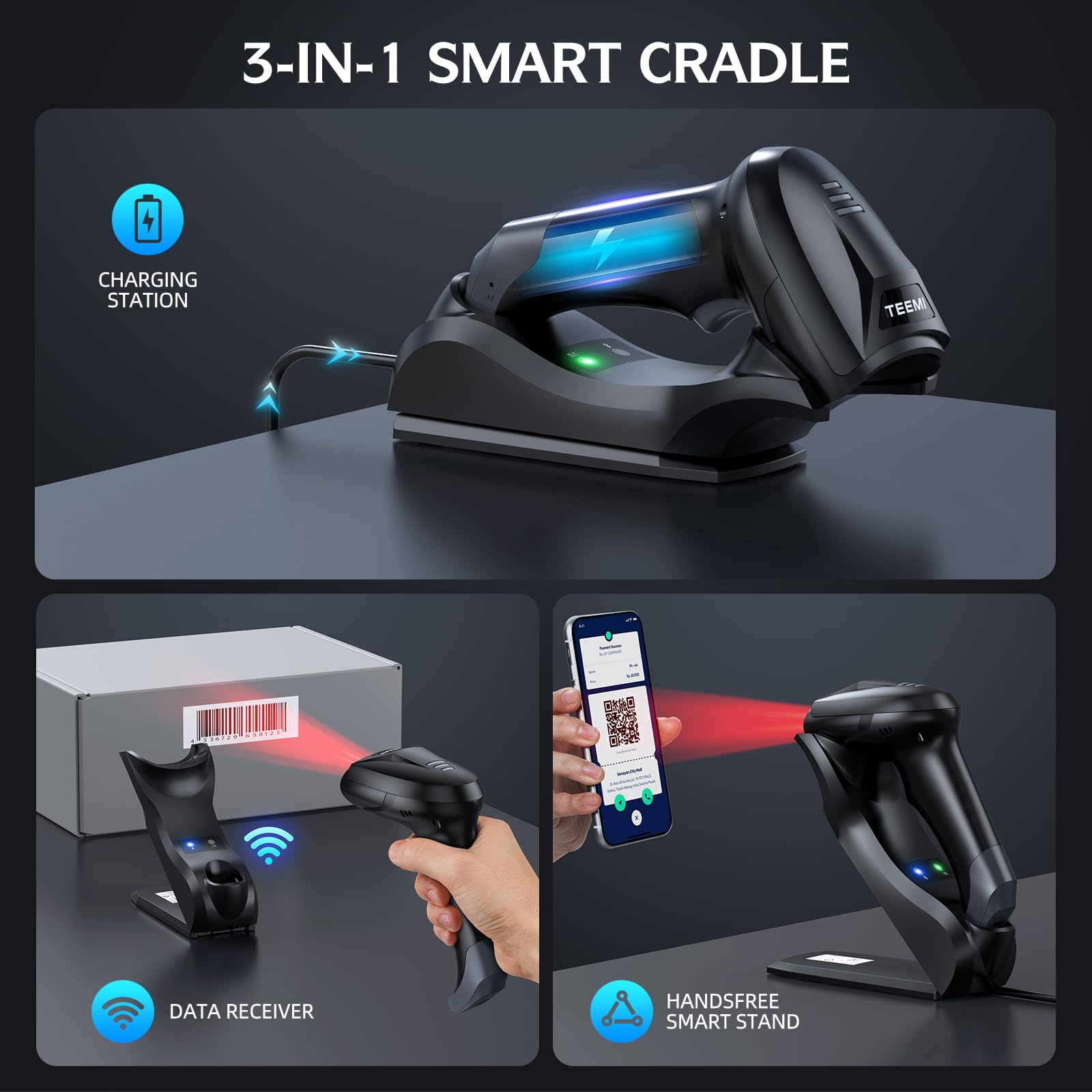 TEEMI QR Bluetooth 5.0 Barcode Scanner with Wall Mountable USB Charging Cradle Data Receiver, 1D 2D Wireless CMOS Screen Scanning PDF417 Data Matrix, Max 300 Yards Transfer Range