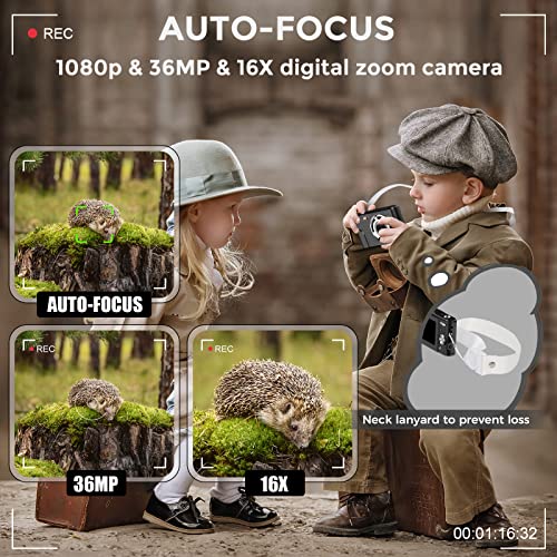 Digital Camera, RUAHETIL Autofocus FHD 1080P 36MP Vlogging Camera for Kids, 16X Zoom 2 Charging Modes Kids Compact Camera Point and Shoot Camera for Kids Teens Students(Dark)
