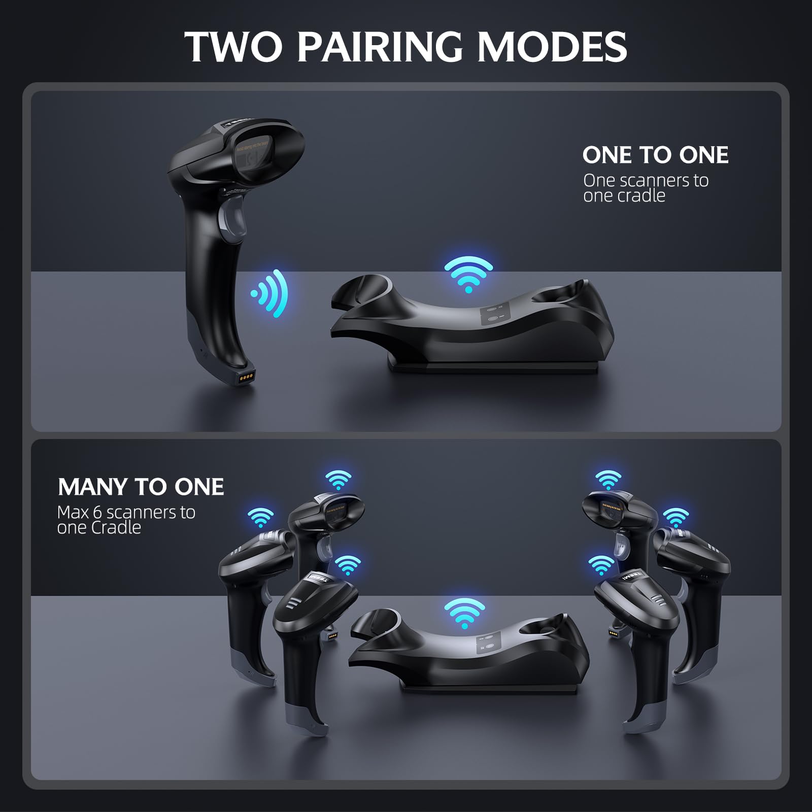 TEEMI QR Bluetooth 5.0 Barcode Scanner with Wall Mountable USB Charging Cradle Data Receiver, 1D 2D Wireless CMOS Screen Scanning PDF417 Data Matrix, Max 300 Yards Transfer Range