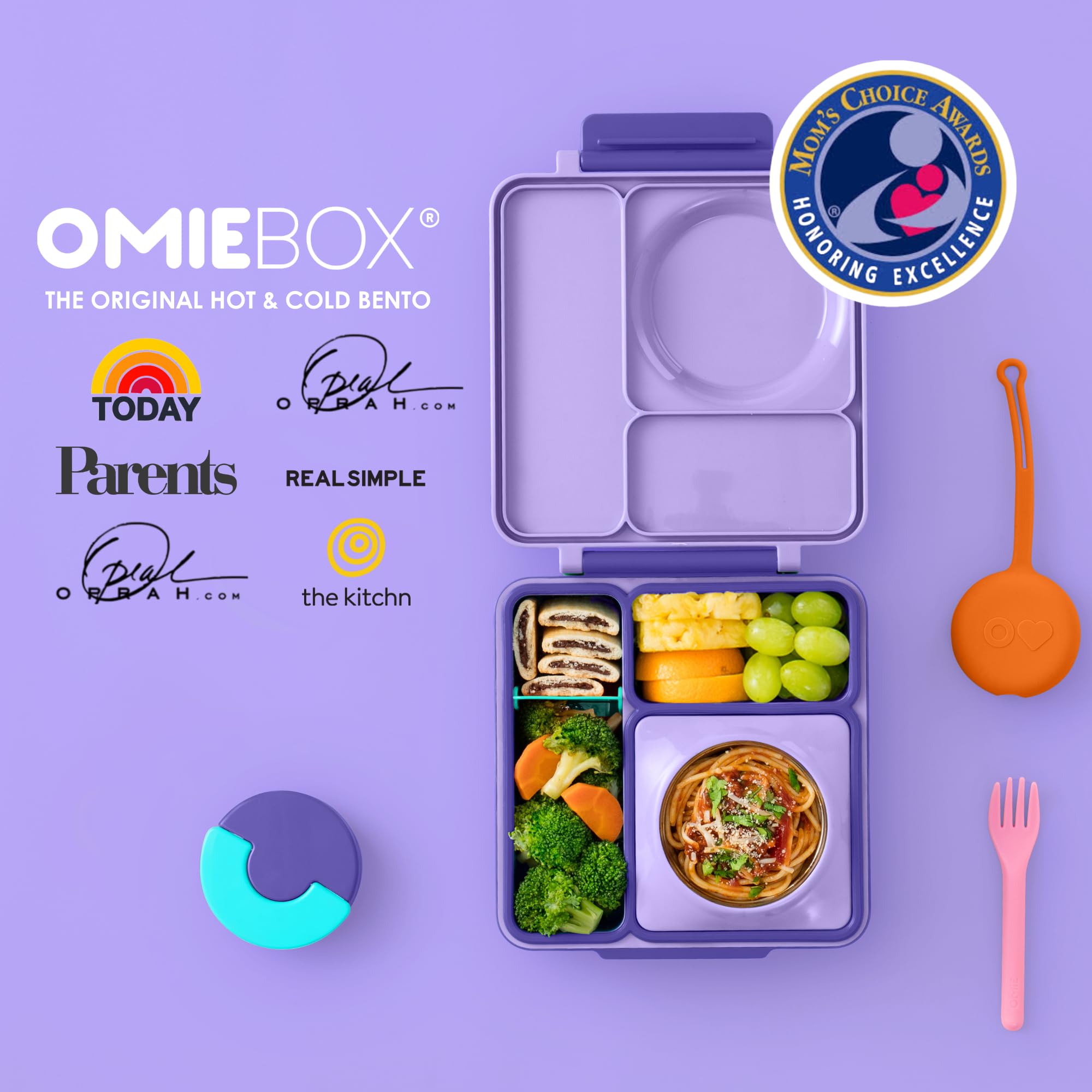 Omie OmieBox Insulated Bento Lunch Box with Leak Proof Thermos Food Jar-3 Compartments, Two Temperature Zones, One Size, (Purple Plum)