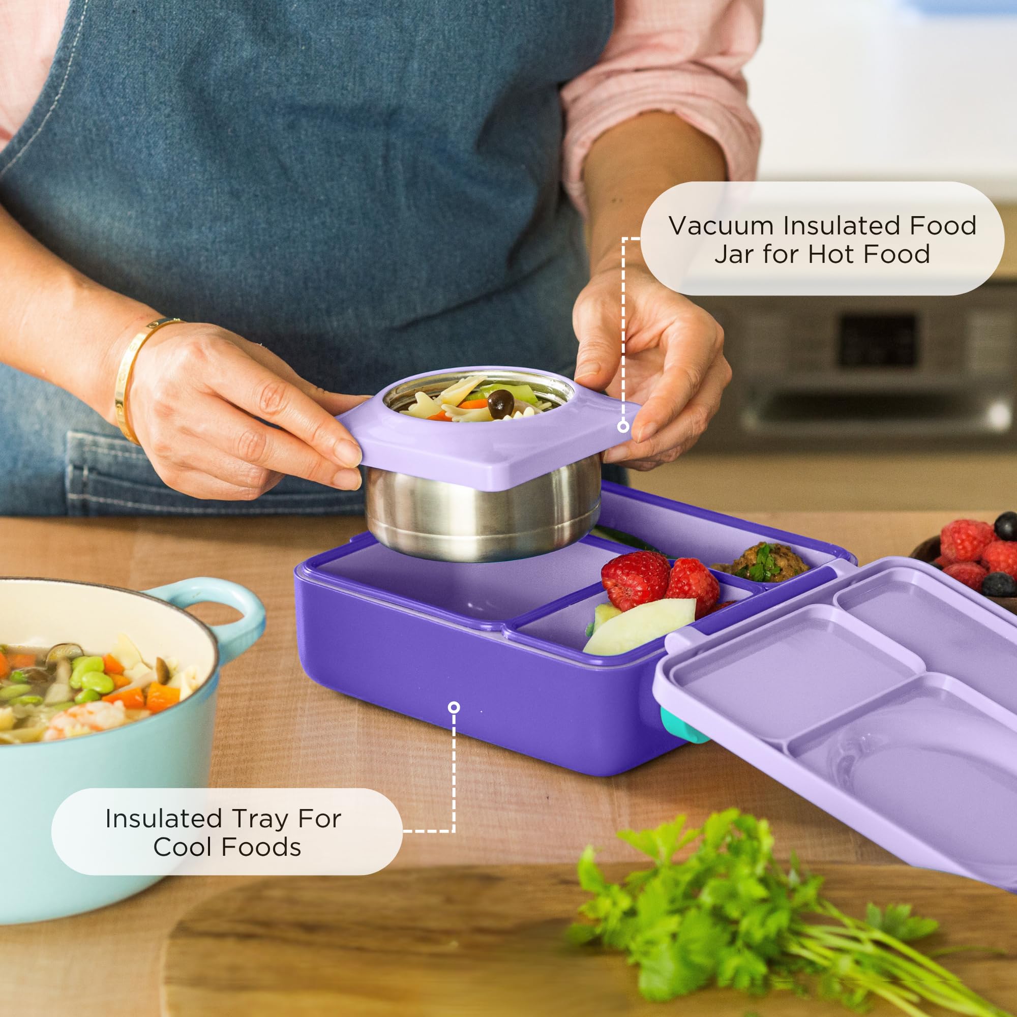 Omie OmieBox Insulated Bento Lunch Box with Leak Proof Thermos Food Jar-3 Compartments, Two Temperature Zones, One Size, (Purple Plum)