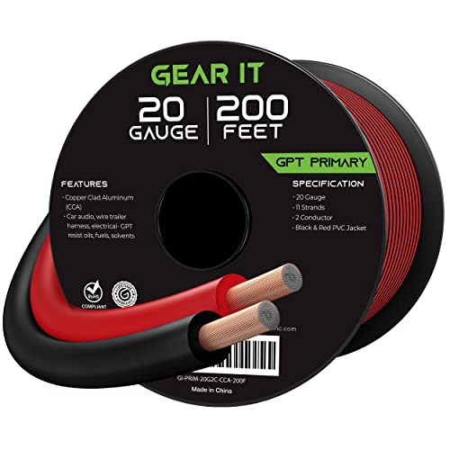 GearIT 20 Gauge Wire (200ft - Black/Red) GPT Automotive Primary Bonded Wire - Copper Clad Aluminum CCA - Car Audio, Speaker Wire, Trailer Harness, Electrical - 200 Feet Total 20ga awg