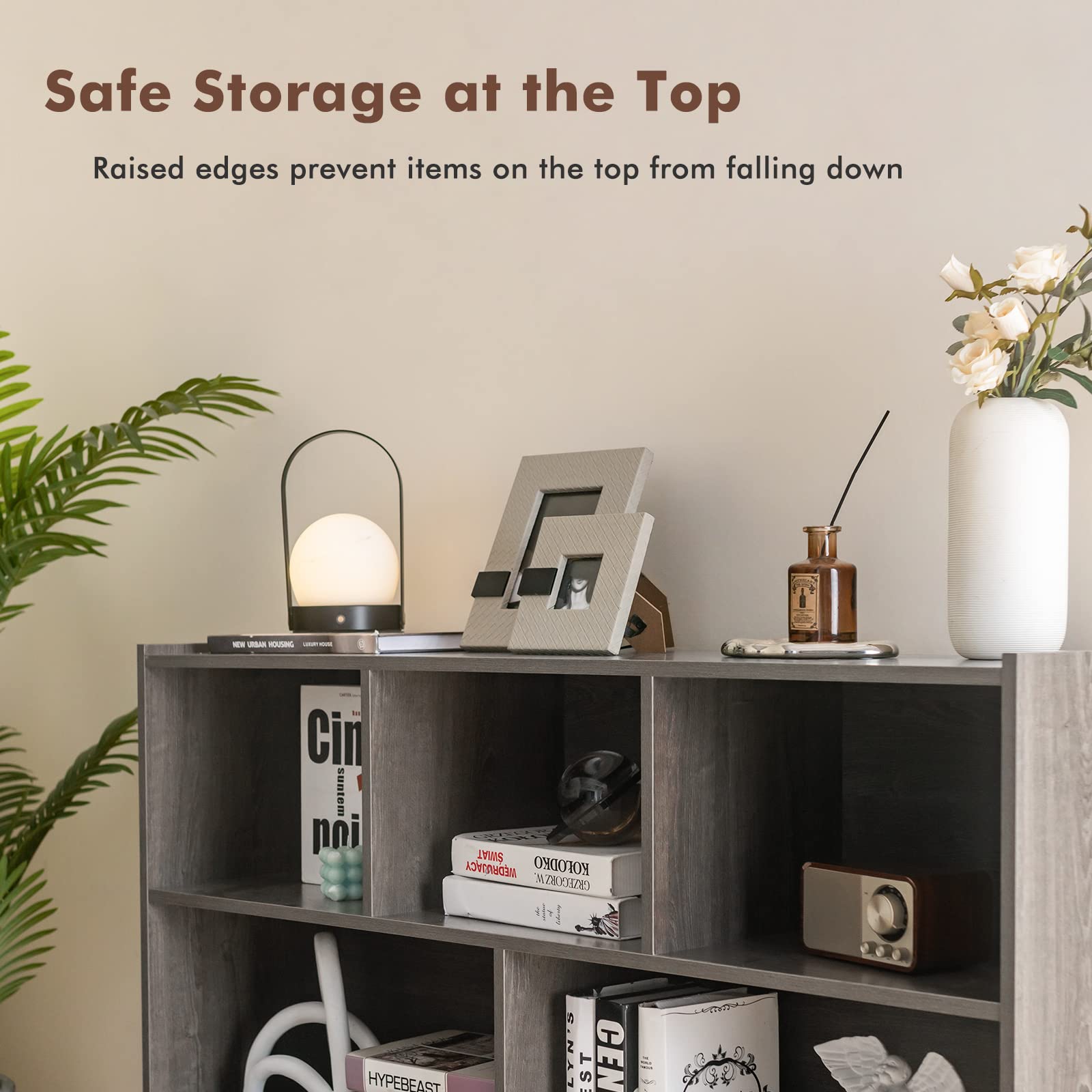 SILKYDRY 8 Cubes Organizer Bookcase, 3-Tier Open Bookshelf, Horizontal Storage Cabinet with Anti-Tilt Device, Floor Standing Wooden Book Display Shelves for Bedroom, Classroom, Office (Grey)